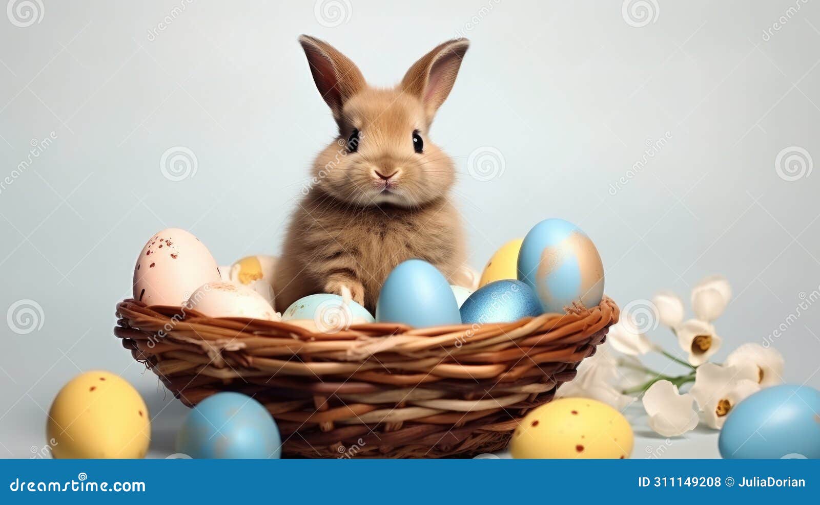 Cute Fluffy Rabbit in a Basket Full of Colorful Easter Eggs on a Blue ...