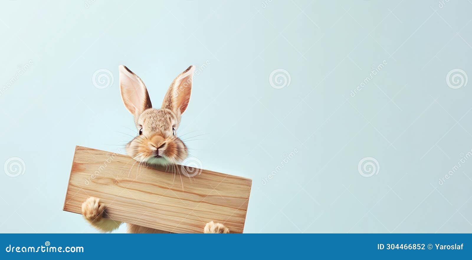 Cute Fluffy Rabbit Holding an Empty Wooden Board with Empty Space for ...