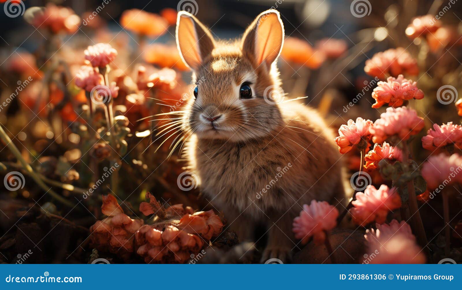 Cute Fluffy Rabbit Sitting in the Grass, Surrounded by Flowers ...