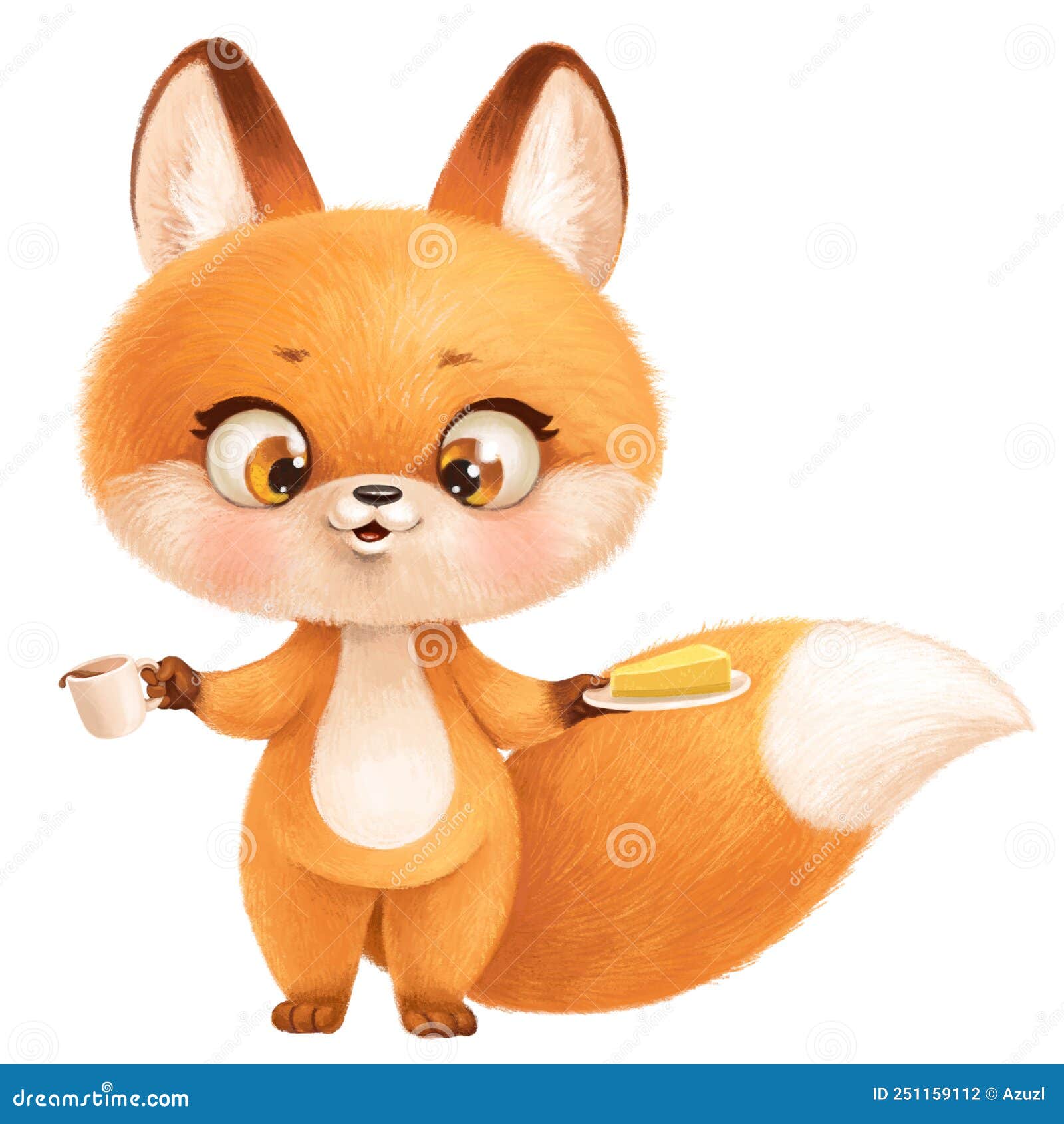 Cute Fluffy Red Fox with Cup and Pie on Saucer Stock Illustration ...