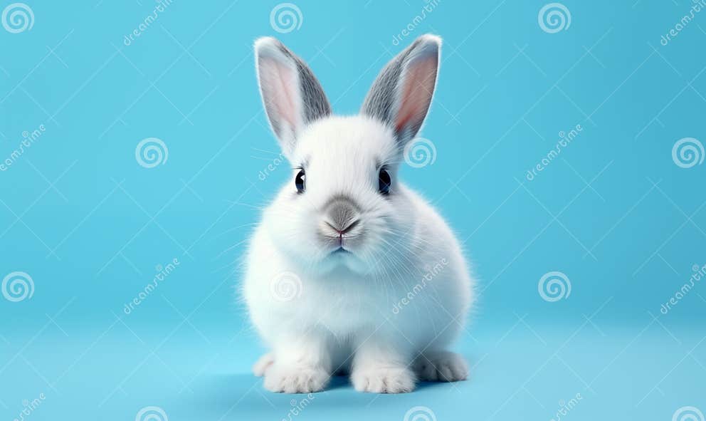 Cute Fluffy White Rabbit on a Blue Background. Stock Illustration ...