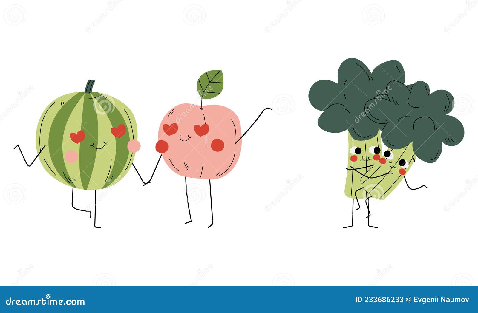 Cute Flushed Fruit and Vegetables Holding Hands and Hugging Vector Set ...