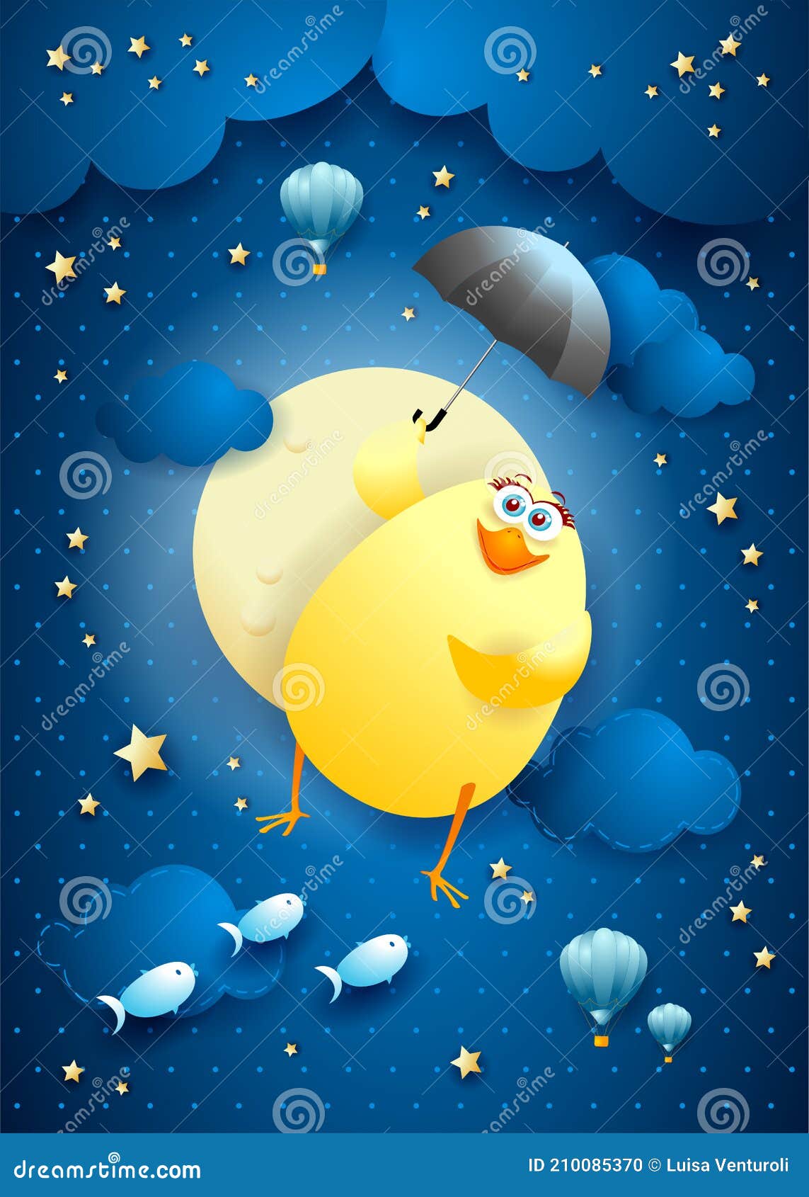 Cute Flying Chick with Umbrella on Starry Sky Stock Vector ...