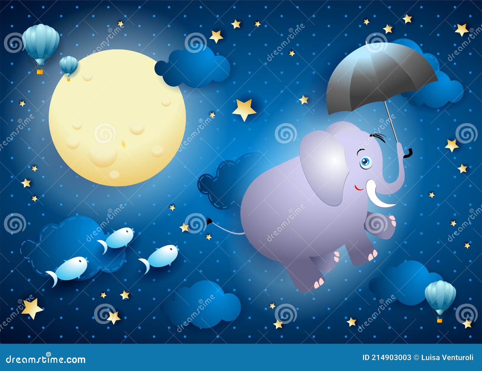 Cute Flying Elephant with Umbrella on Starry Sky Stock Vector ...