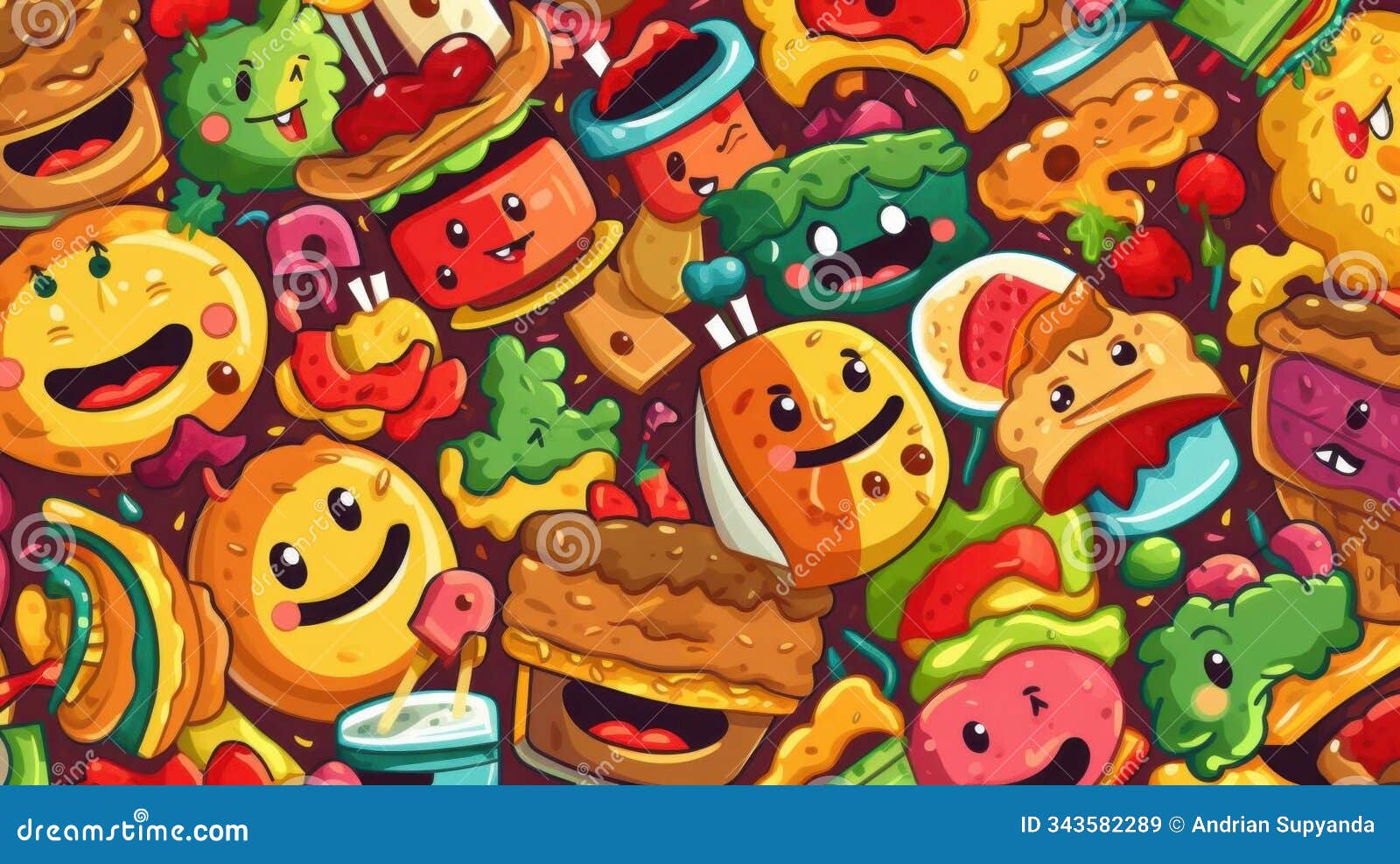 Cute Food Characters Seamless Pattern Stock Illustration - Illustration ...