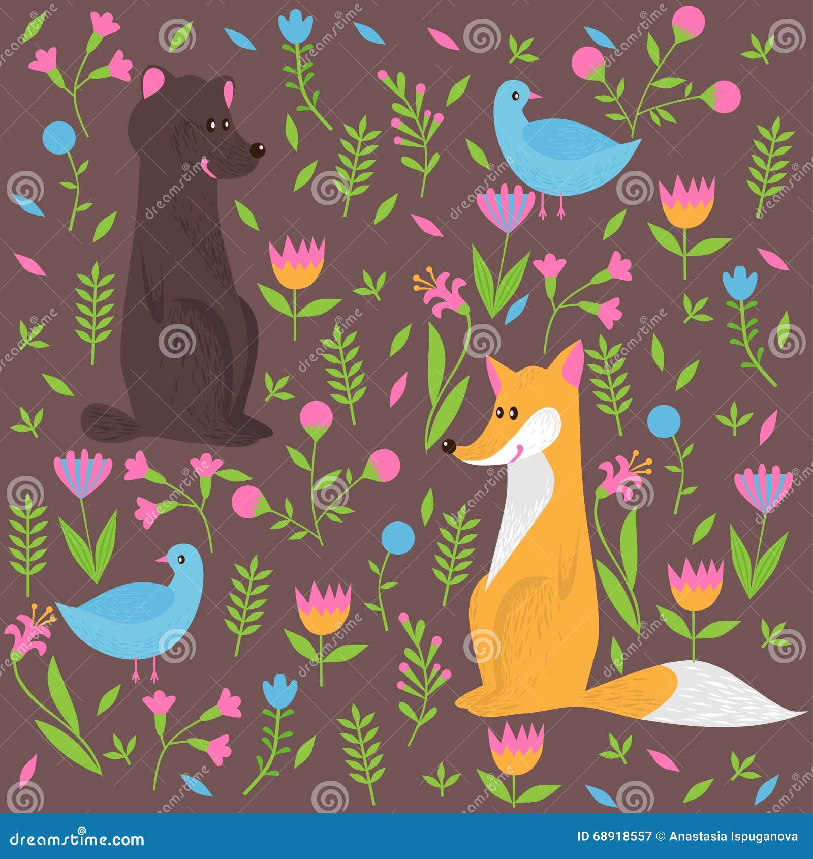 Cute Forest Animals and Flowers Stock Illustration - Illustration of ...