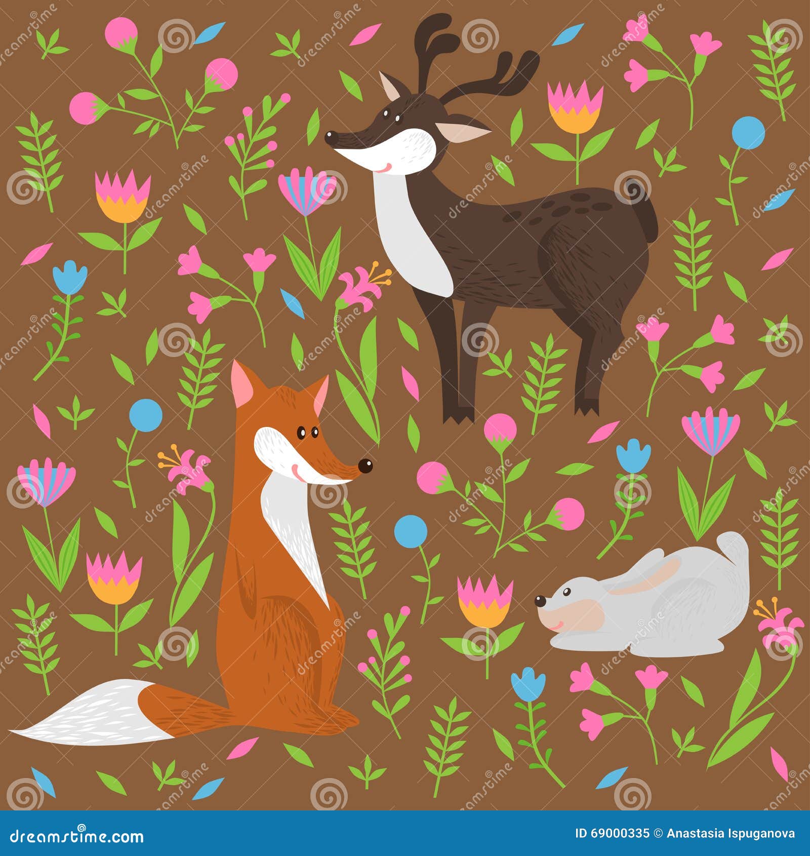 Cute Forest Animals and Flowers Stock Illustration - Illustration of ...