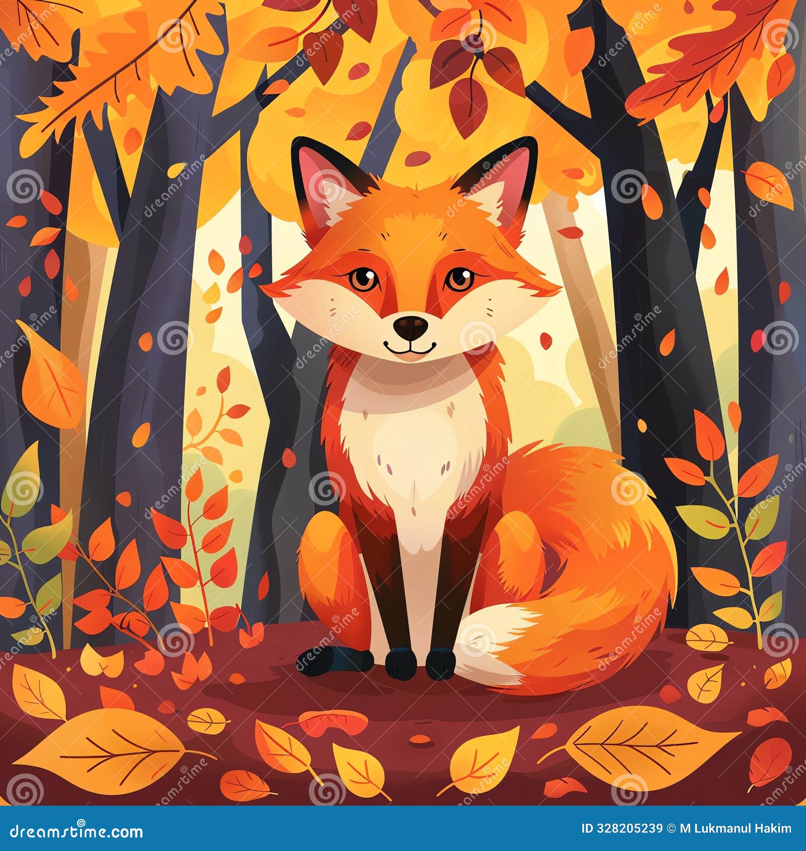 Cute Fox in Autumn Forest. Colorful Fall Illustration Stock Image ...