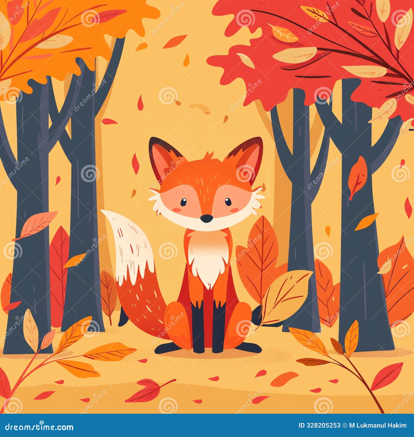 Cute Fox in Autumn Forest. Colorful Fall Illustration Stock Image ...