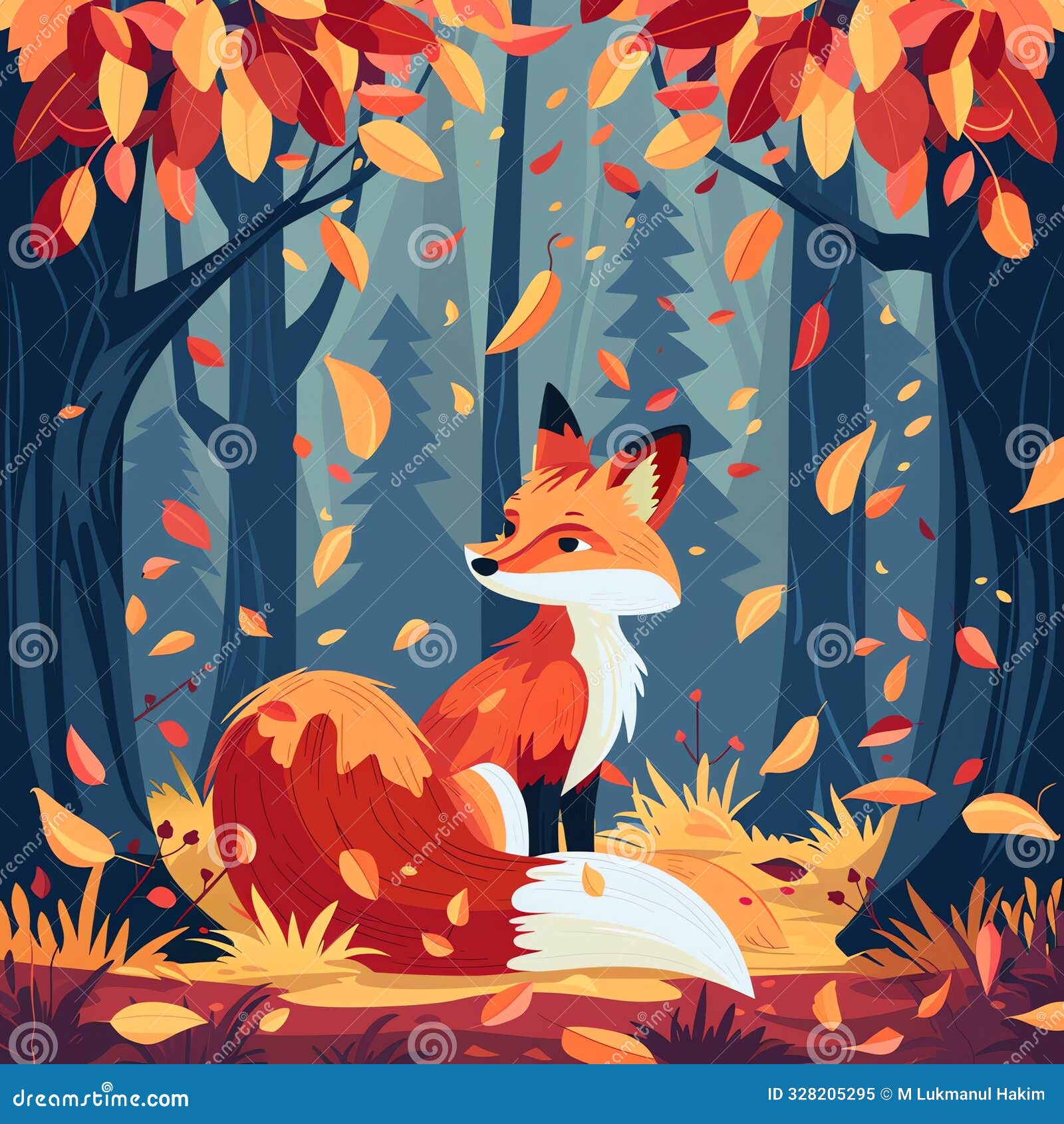 Cute Fox in Autumn Forest. Colorful Fall Illustration Stock Image ...