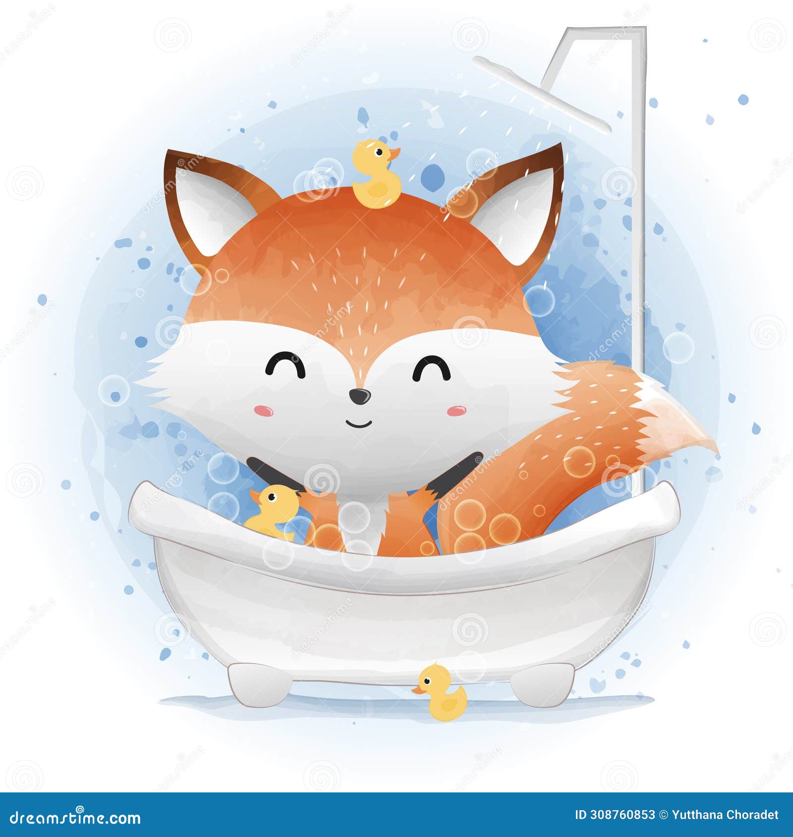 Cute fox in a bubble bath stock vector. Illustration of shower - 308760853