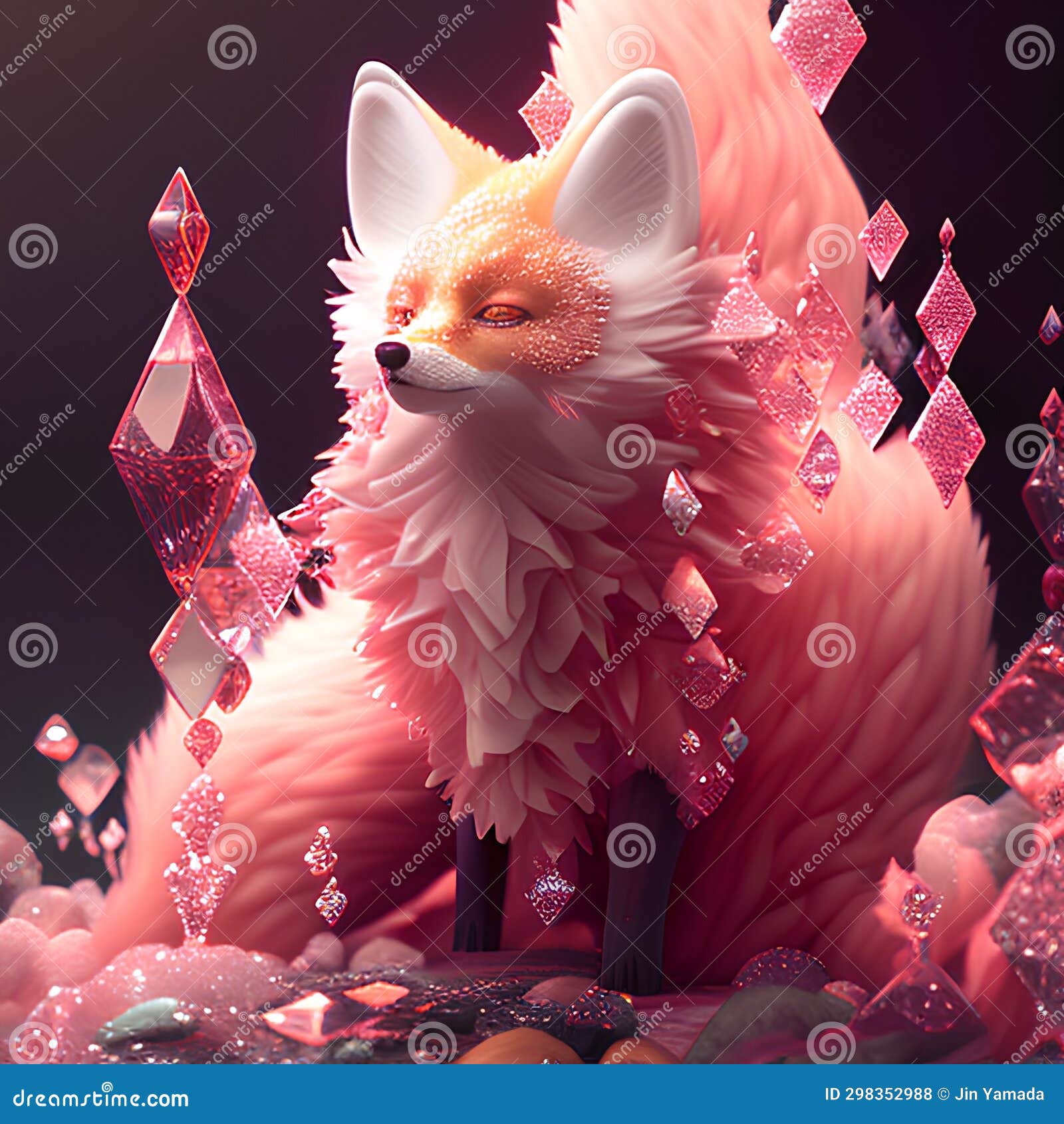 Cute Fox with Crystals on a Dark Background. 3d Rendering Stock ...