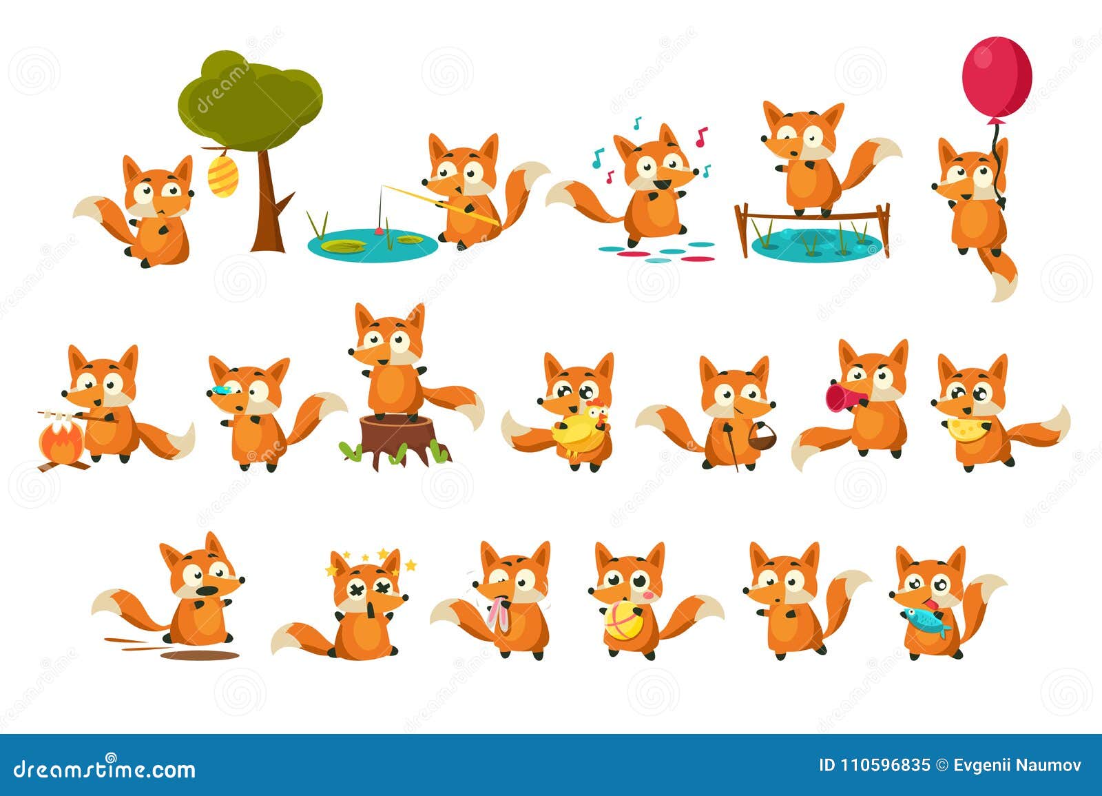 Cute Fox Cub Character Doing Different Activities Set, Funny Forest ...