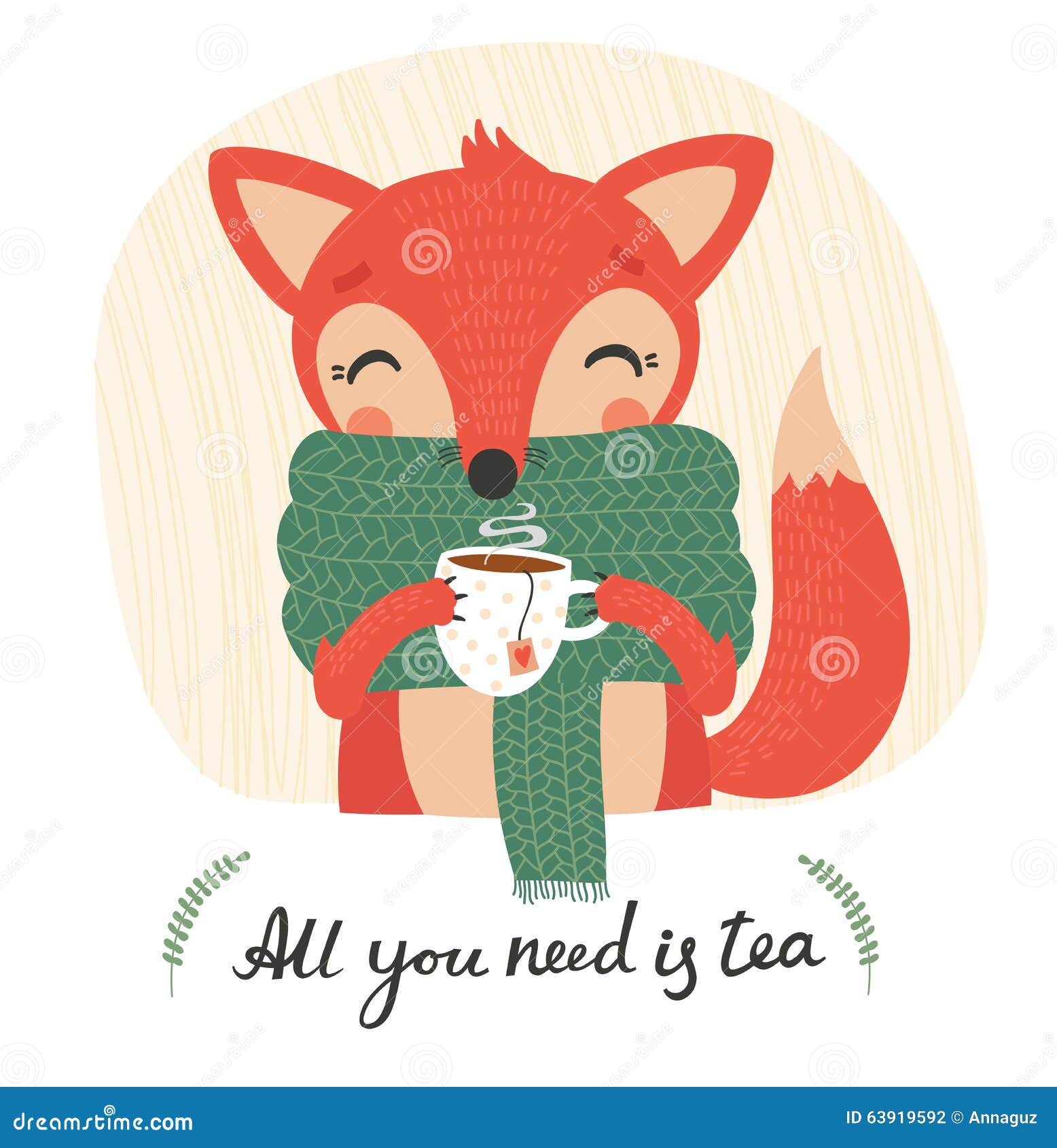 Cute fox with a cup of tea stock vector. Illustration of coffee - 63919592