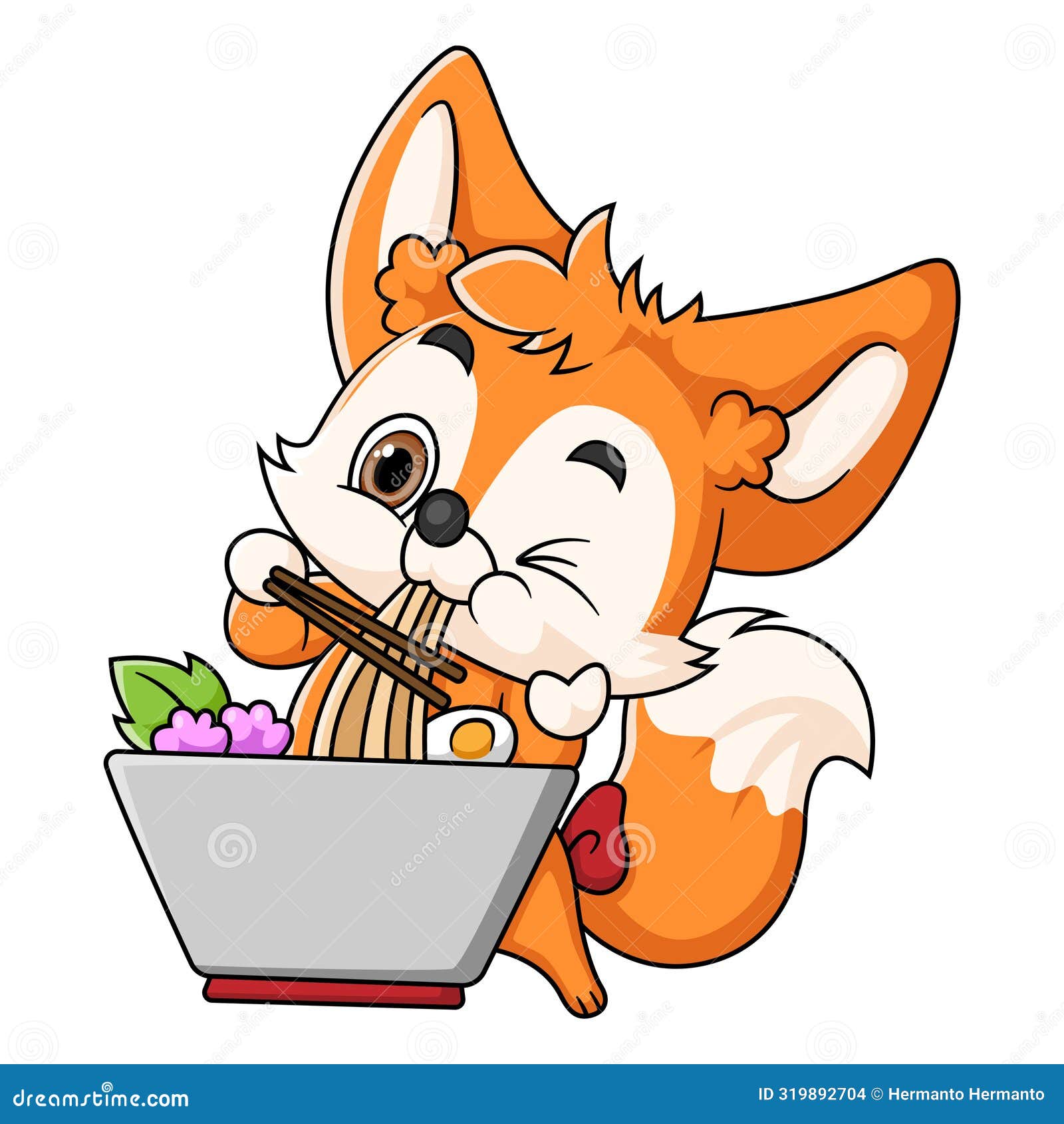 Cute Fox Eating Noodle Bowl with Chopstick Stock Vector - Illustration ...