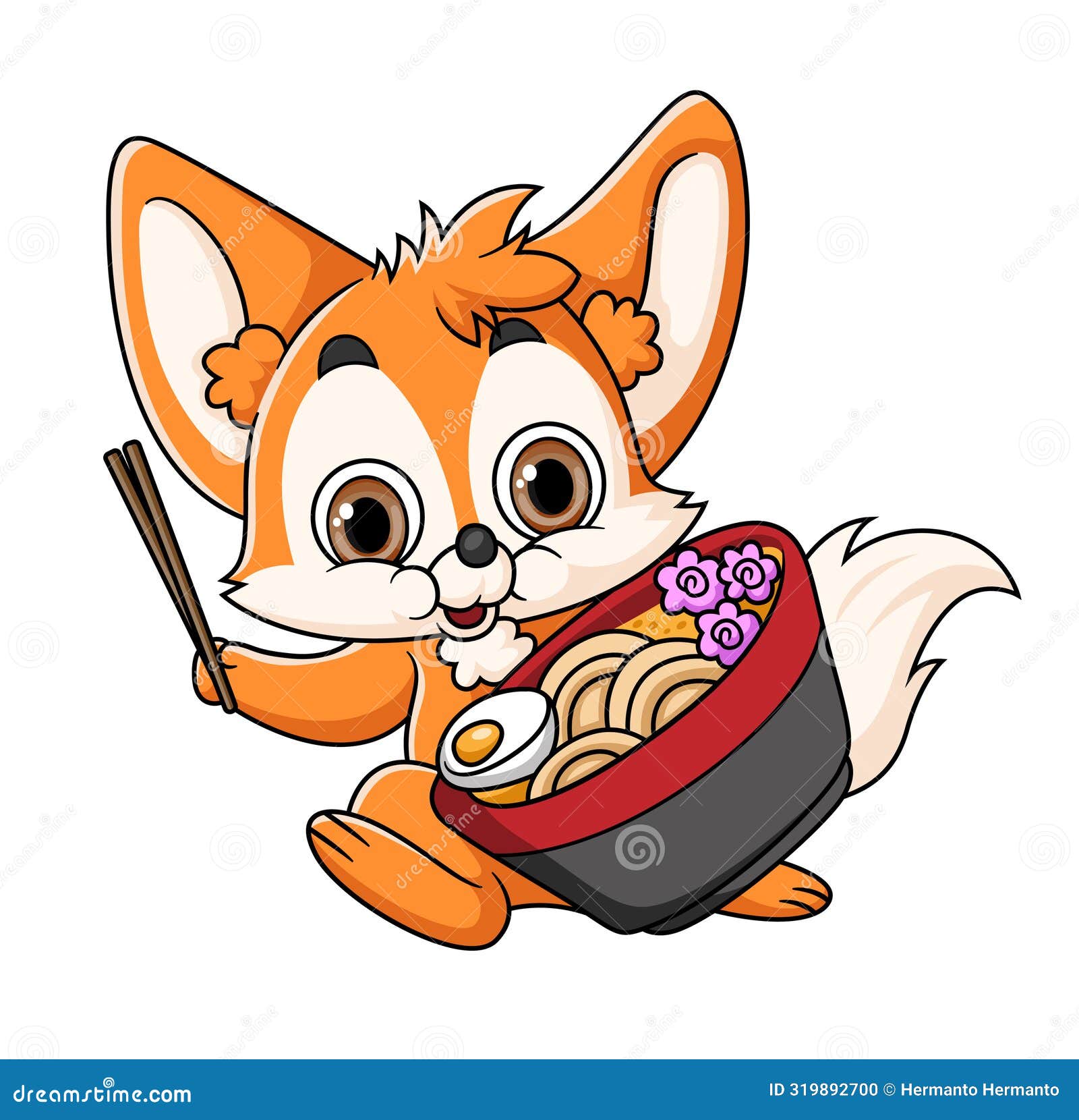 Cute Fox Eating Ramen Bowl with Chopstick Stock Vector - Illustration ...
