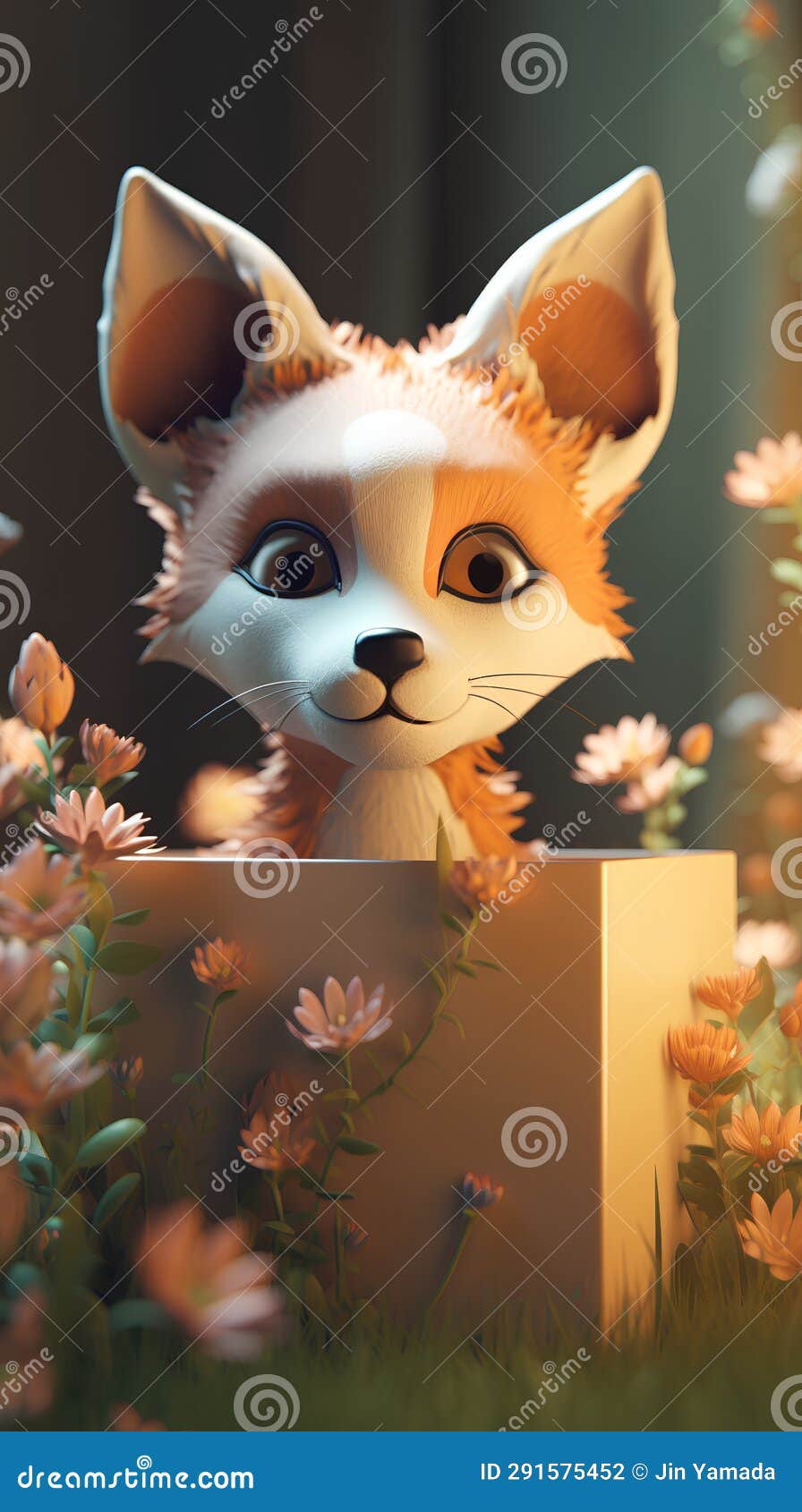 Cute Fox in a Gift Box with Flowers. 3d Rendering Stock Illustration ...