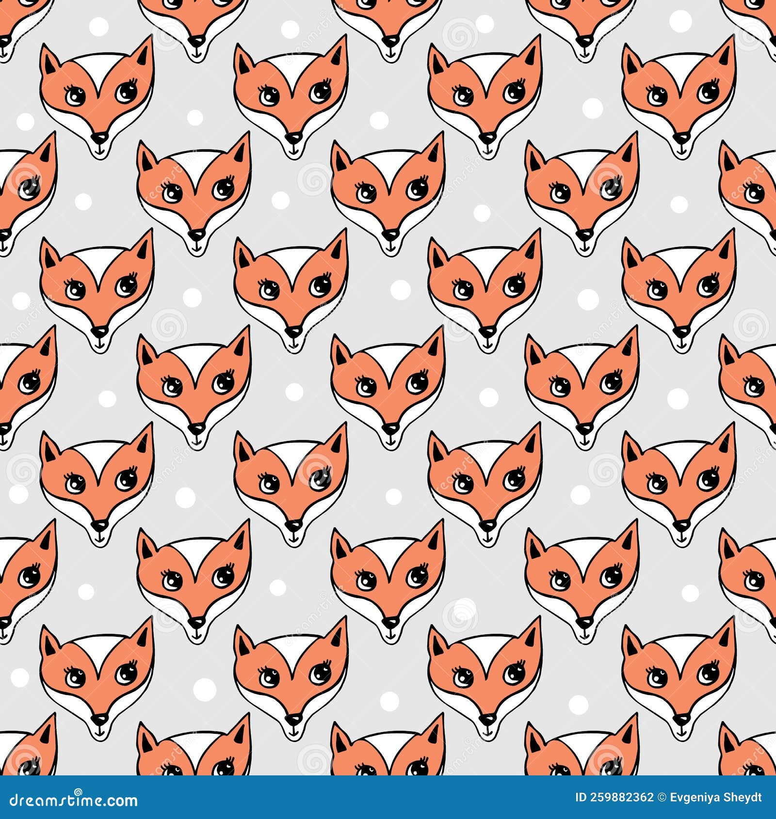 Cute Fox Heads Seamless Pattern, Hand Drawn Fox Face on Grey Background ...