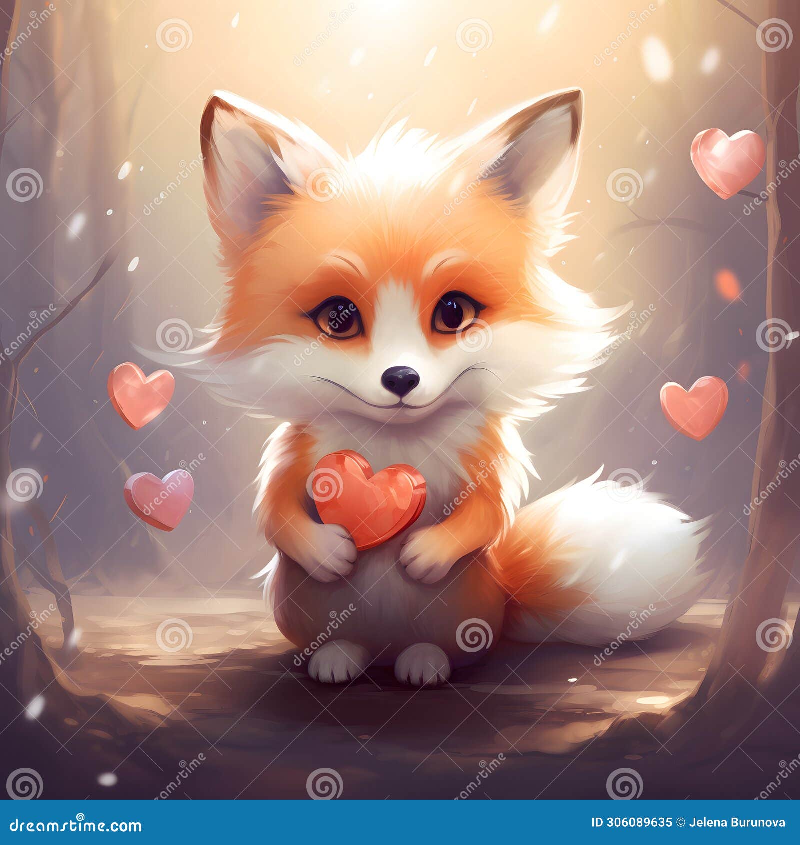 Cute Fox with Heart in Forest Stock Image - Image of cartoon, little ...