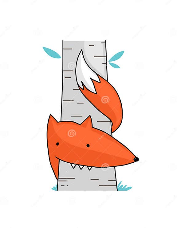 Cute Cartoon Fox Hiding Behind a Tree Stock Vector - Illustration of ...