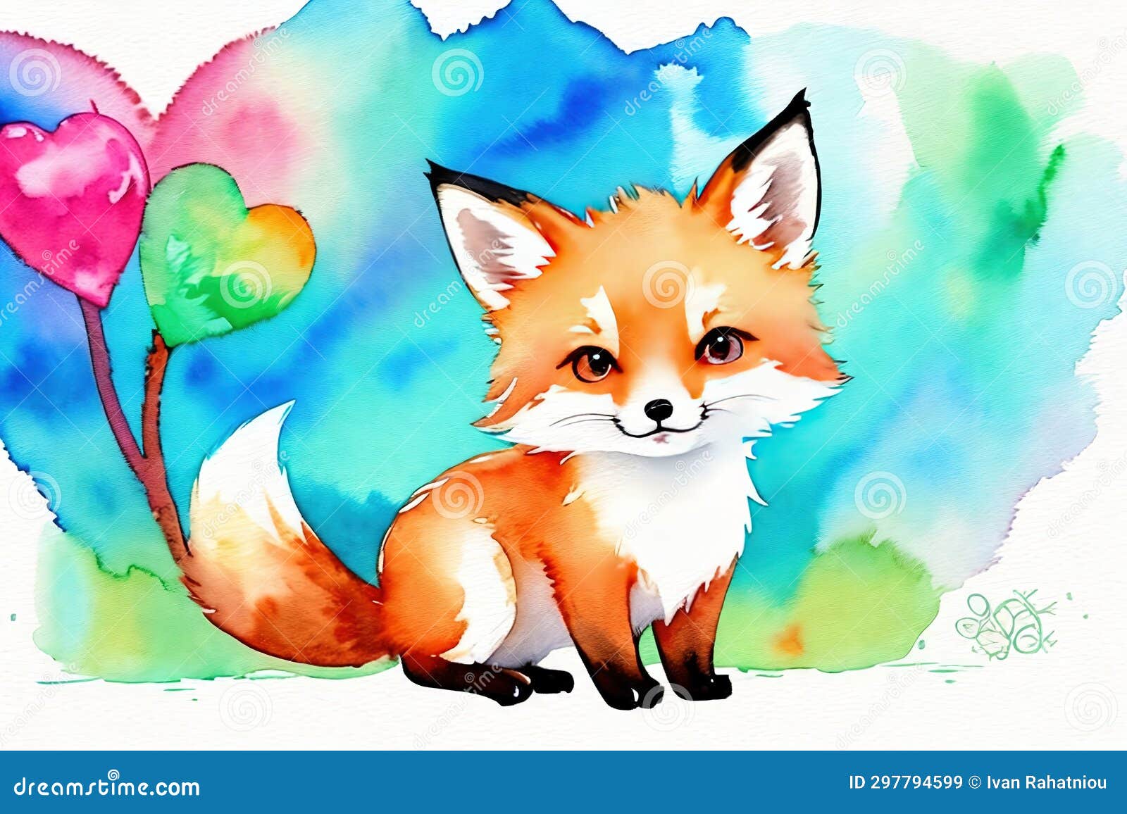 Cute Fox Holding and a Heart. Watercolor Drawing Stock Illustration ...
