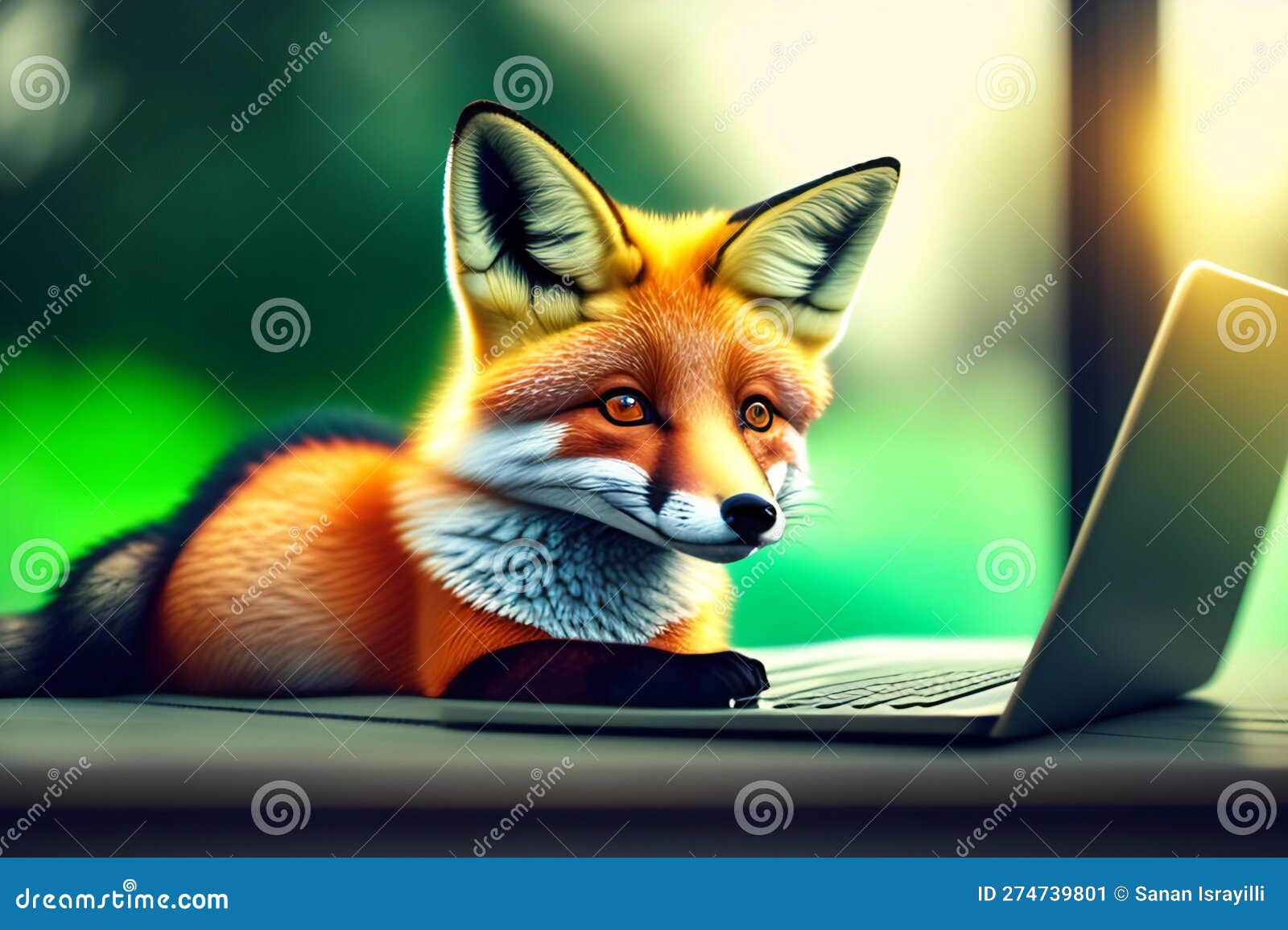 Cute Fox with Laptop on Green Background. 3D Rendering Stock ...