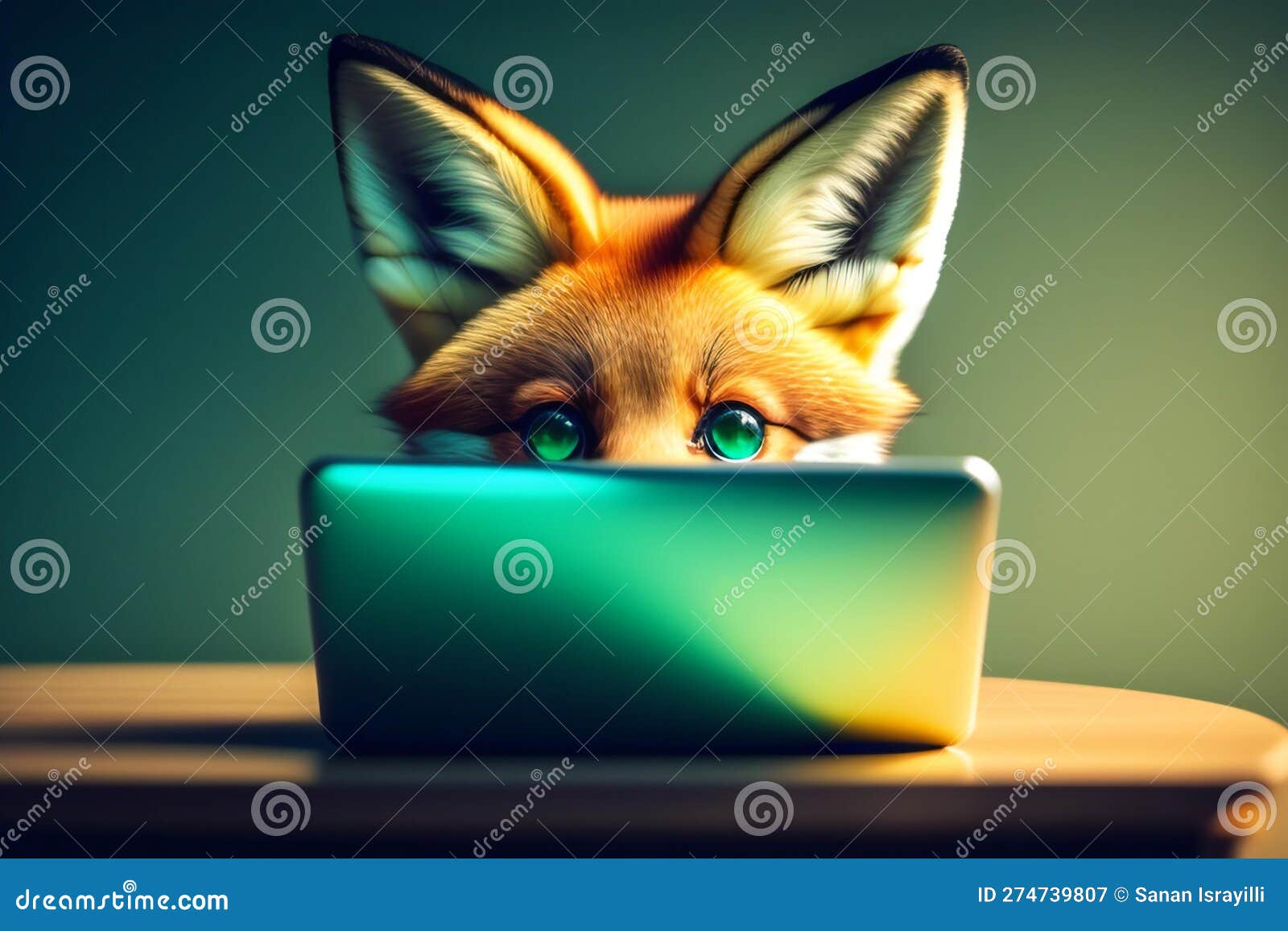 Cute Fox with Laptop. Portrait of Red Fox with Green Eyes Stock ...