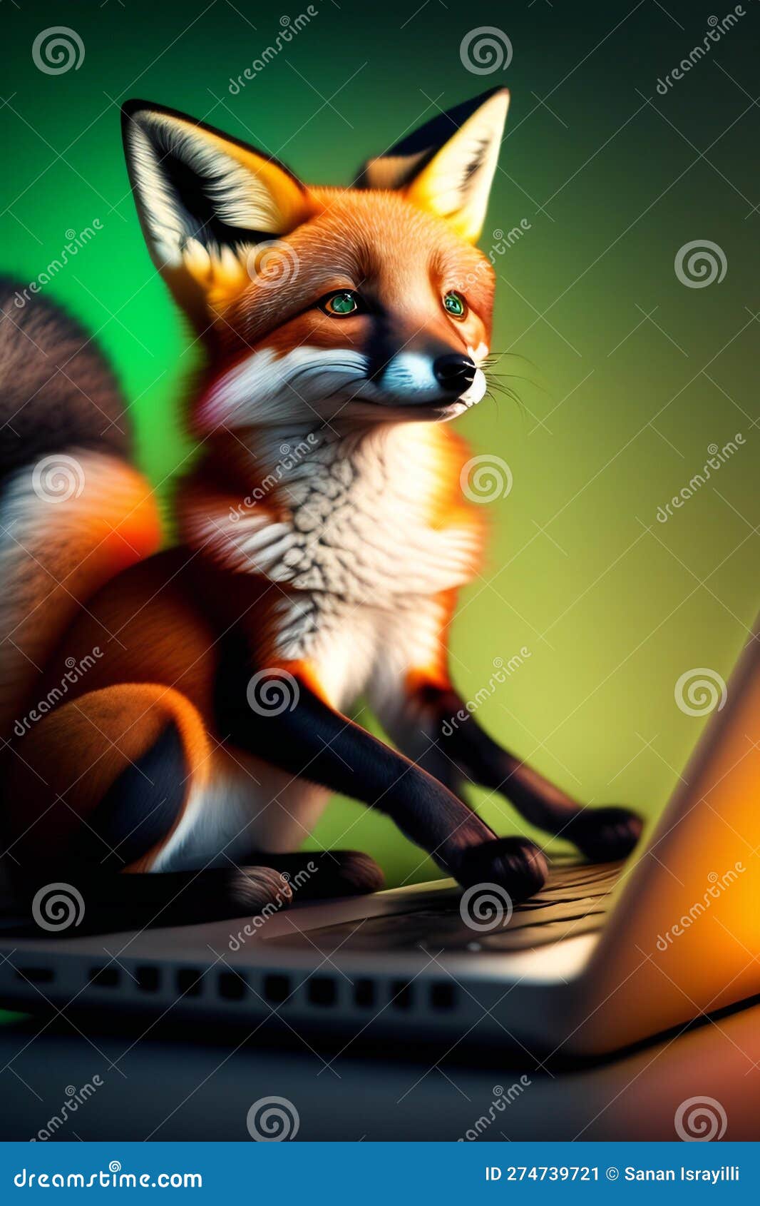 Cute Fox with a Laptop on the Table. 3d Render Stock Illustration ...