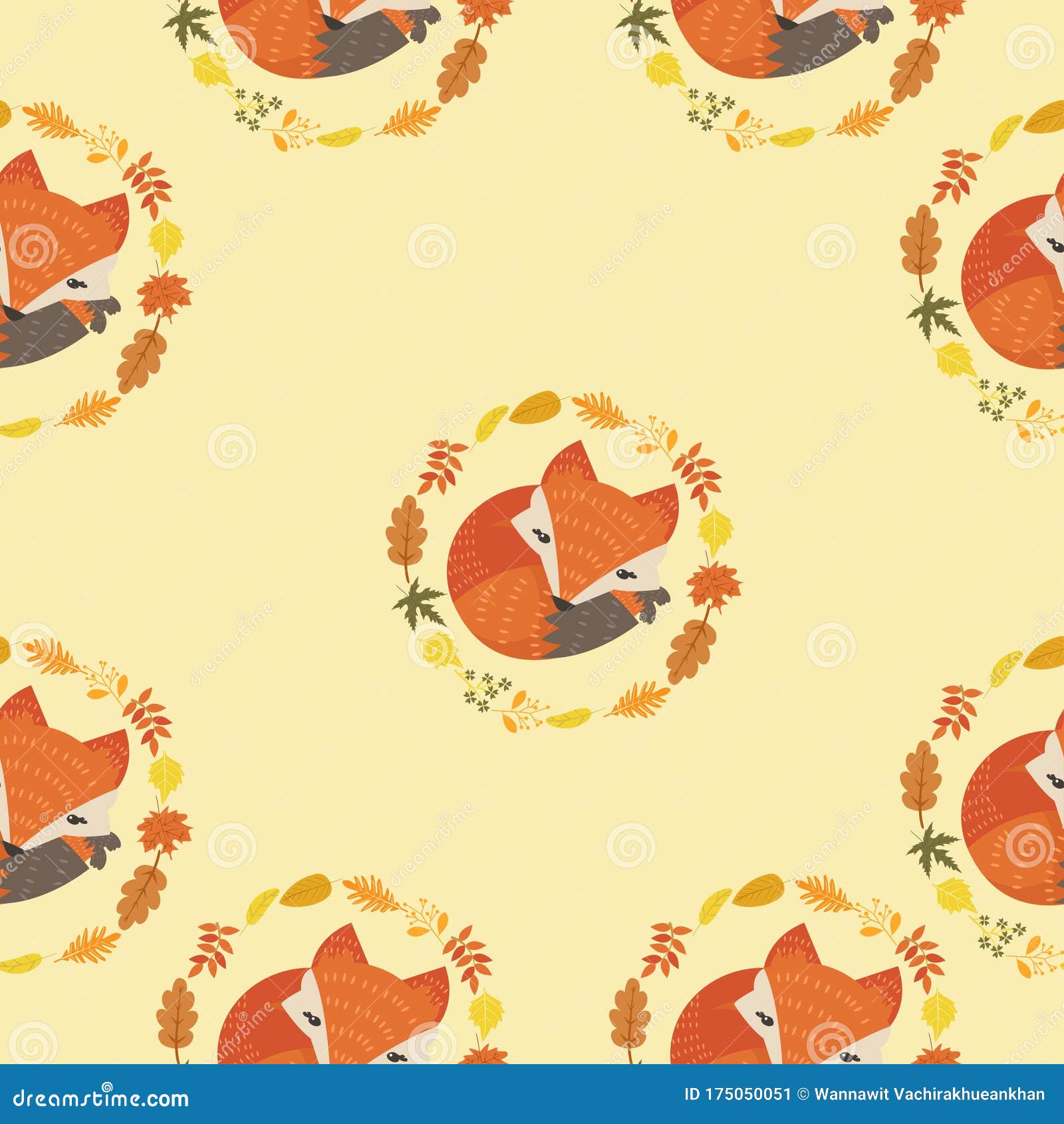 Cute Fox with Leaves Decoration Circle Seamless Pattern Stock Vector ...