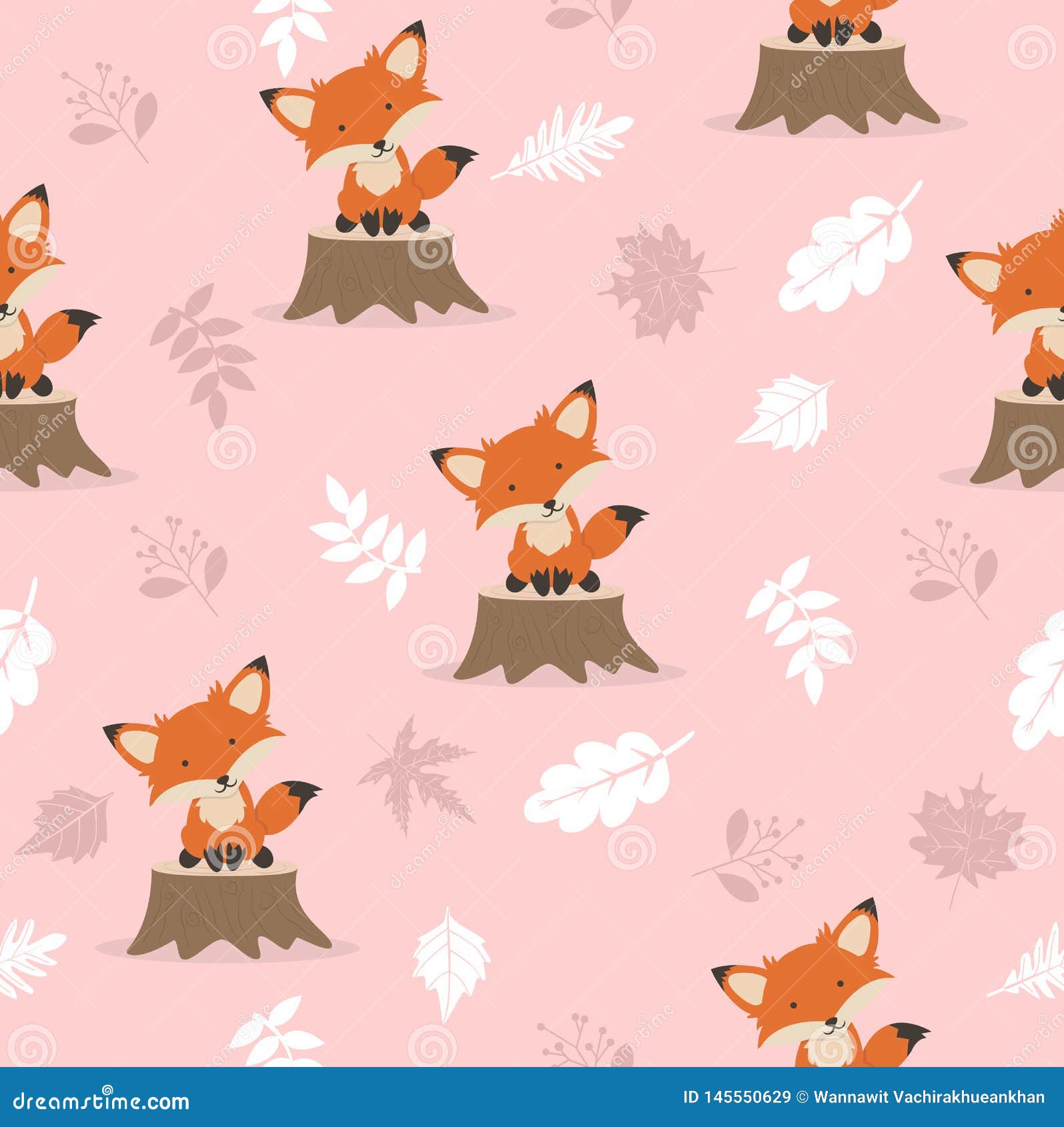Cute Fox with Leaves Decoration Pattern Stock Vector - Illustration of ...
