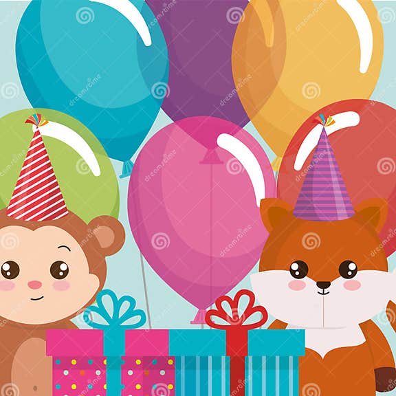 Cute Fox and Monkey with Gifts Stock Vector - Illustration of cartoon ...