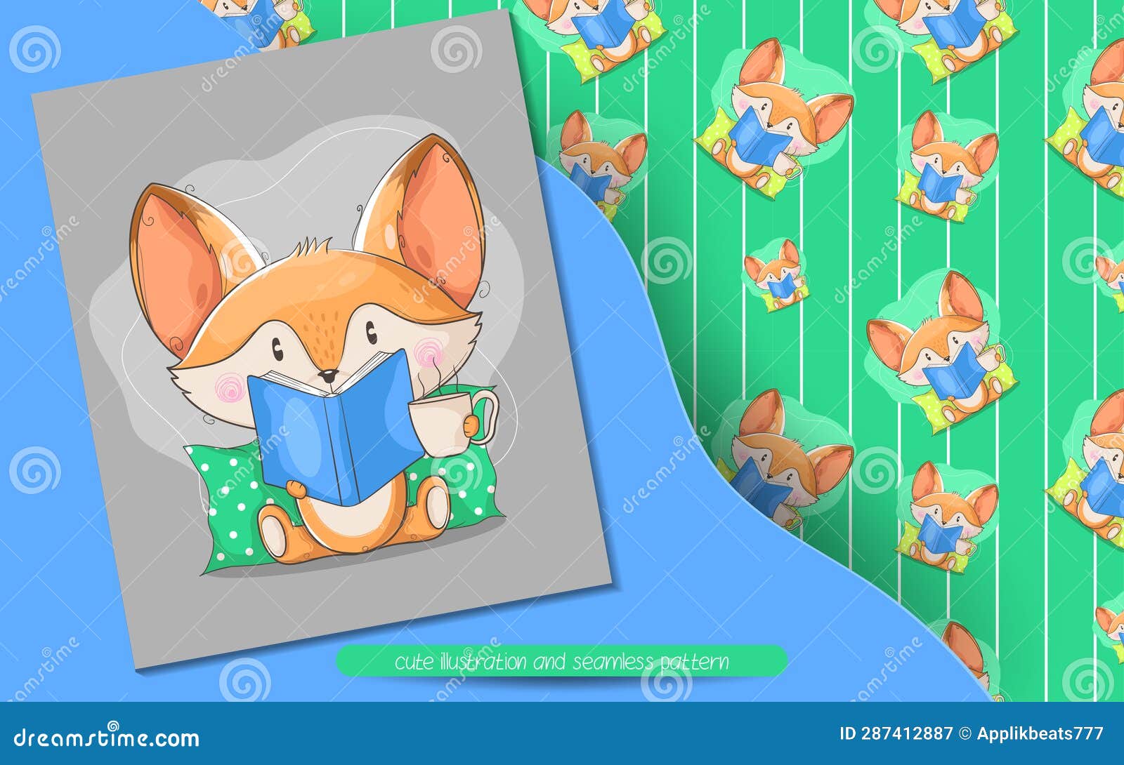 Cute Fox Read a Book Illustration and Seamless Pattern Stock Vector ...