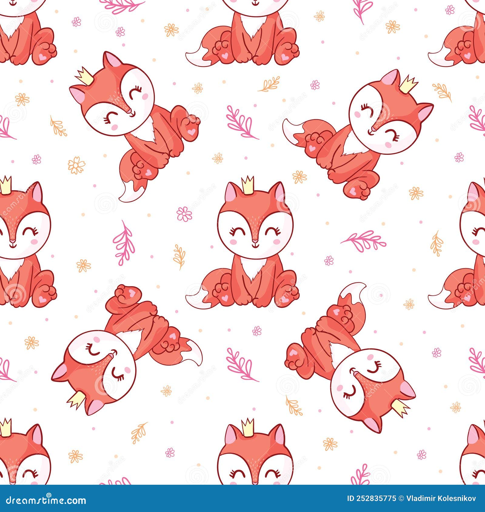 Cute Fox Seamless Pattern, Hand Drawn Forest Background with Flowers ...