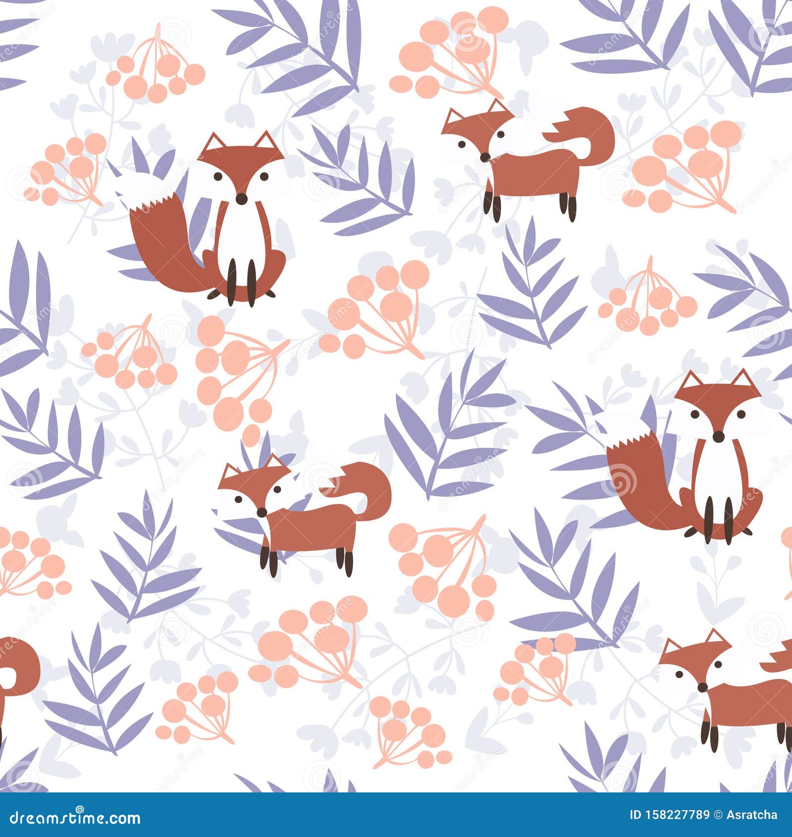 Cute Fox Seamless Pattern, Wolf Hand Drawn Forest Background with ...
