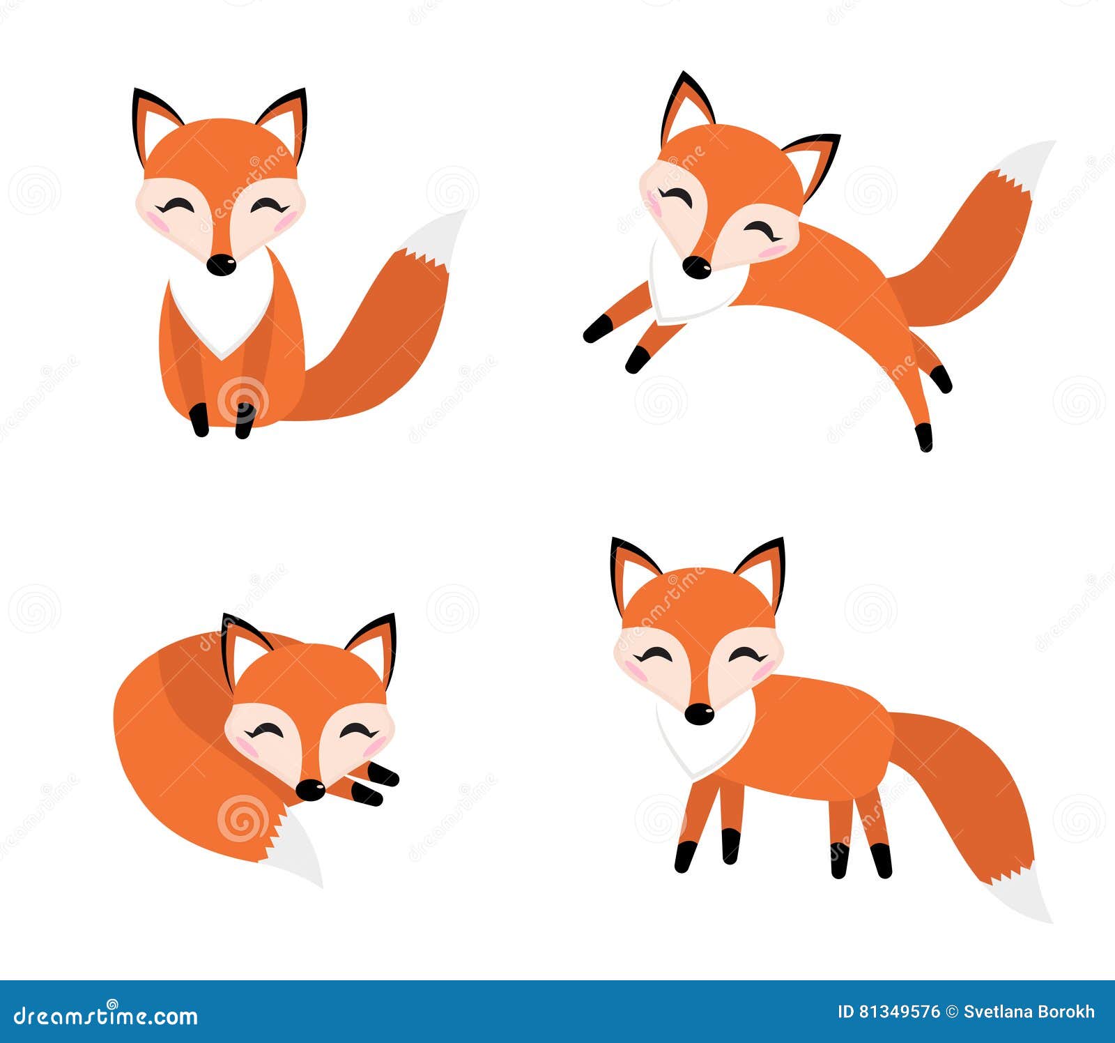 Cute Fox Set Flat Style. Foxy In Different Poses, Sleeping, Jumping ...