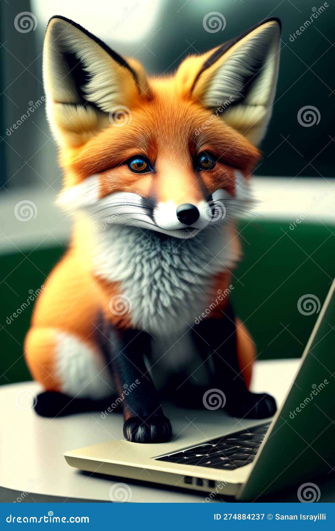 Cute Fox Sitting on the Table with Laptop. 3d Illustration Stock ...