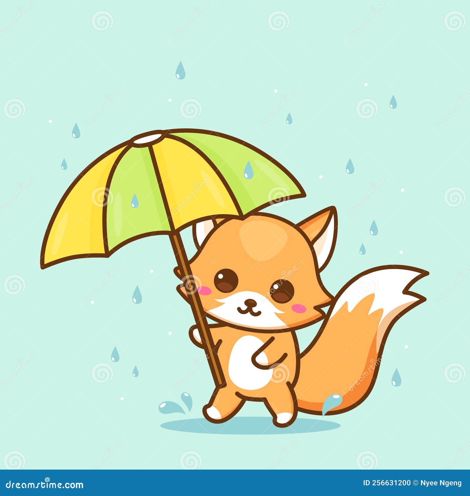 Cute Fox Under the Umbrella in the Rain Stock Vector - Illustration of ...