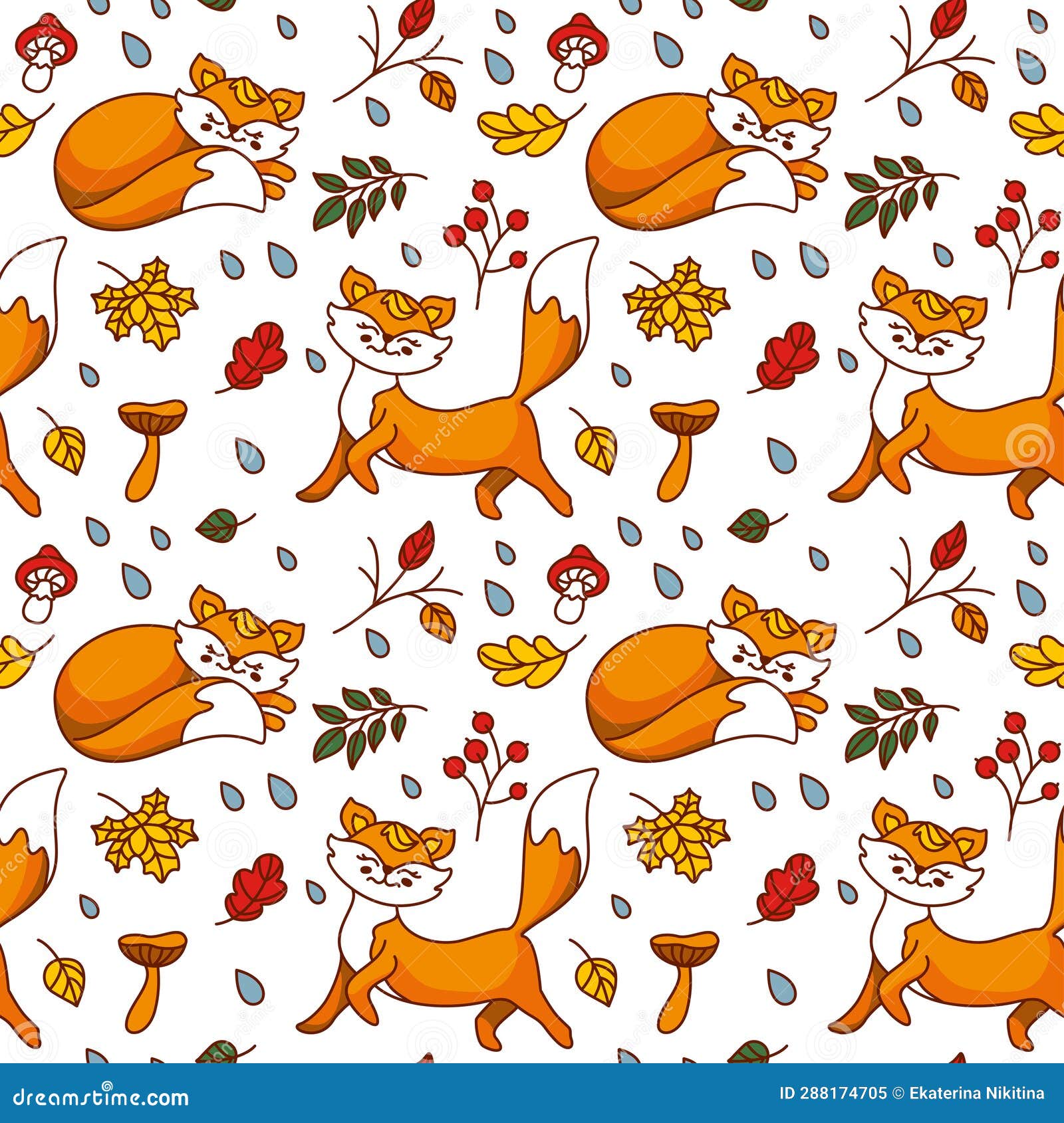 Cute Fox Walks in the Autumn Forest. Rainy Weather. Seamless Pattern ...