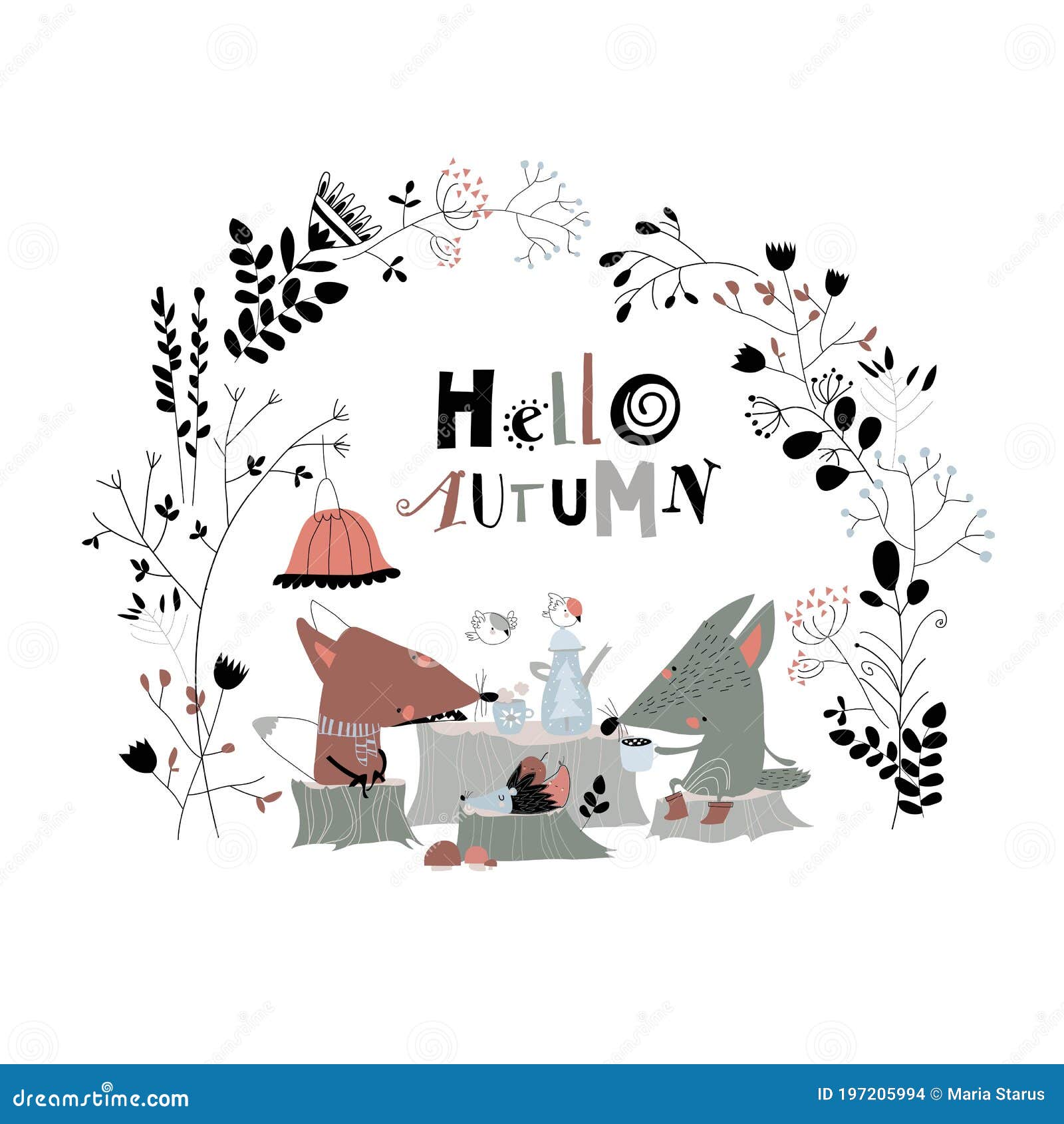 Cute Fox with Wolf Drinking Tea in the Autumn Forest Stock Vector ...