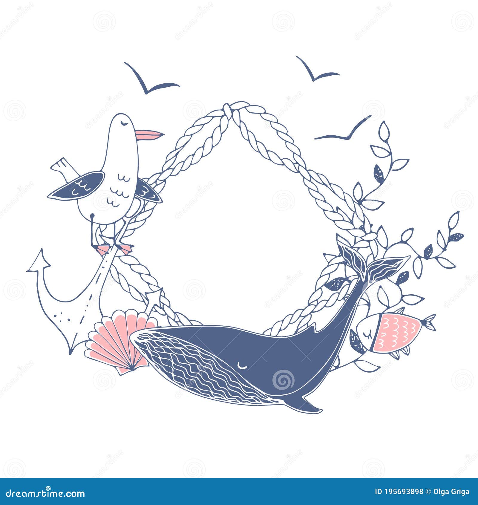 Cute Frame in a Nautical Theme with the Whale and Seagulls and ...