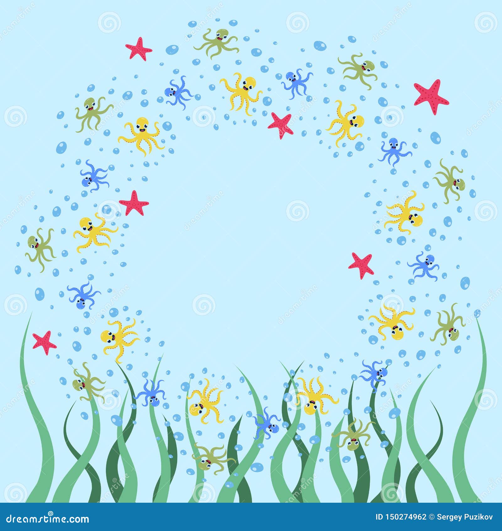 Cute Frame with Octopuses on the Marine Theme Vector Cartoon ...