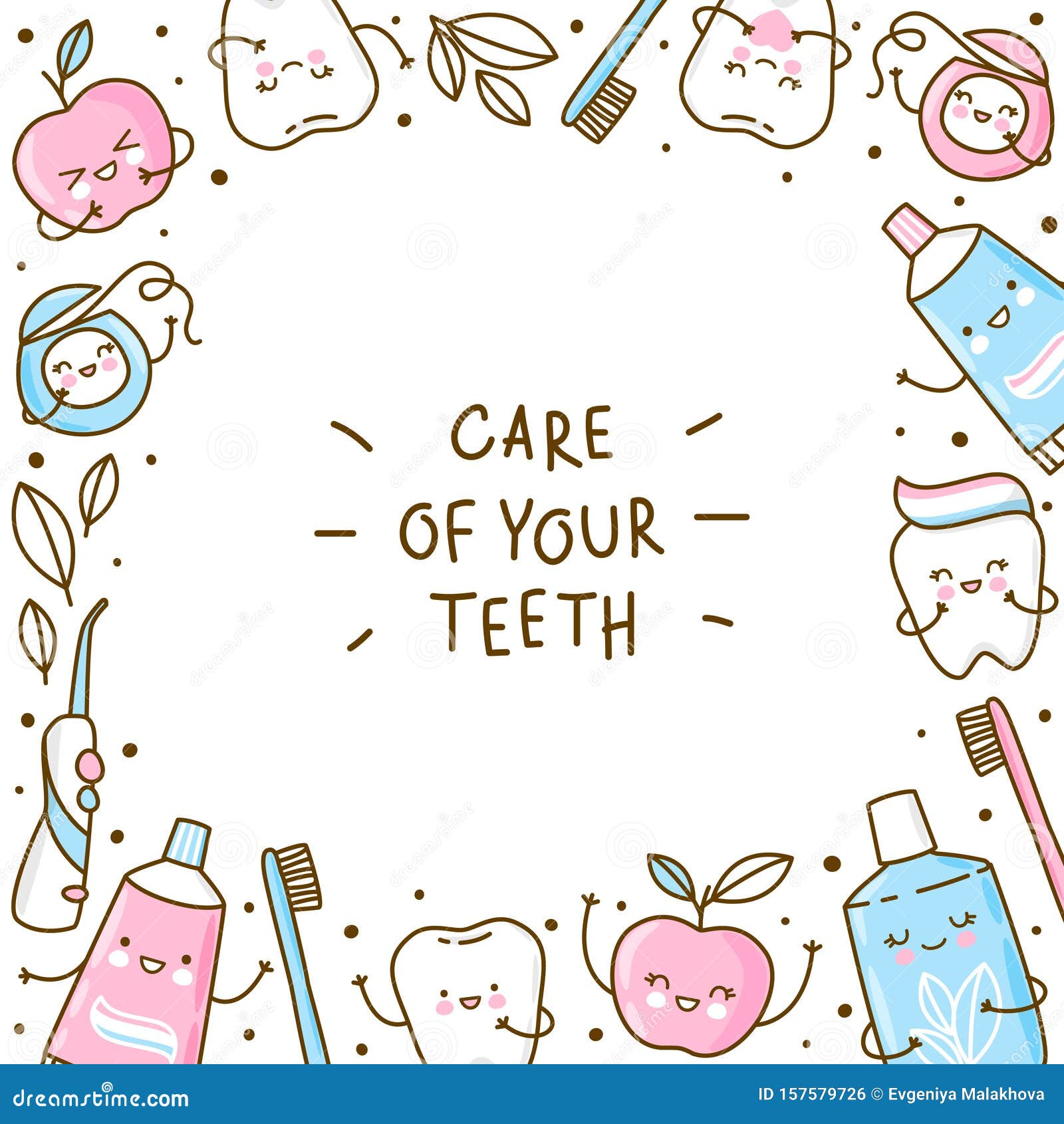 Cute Frame with Teeth and Objects for Dental Care Isolated on White ...