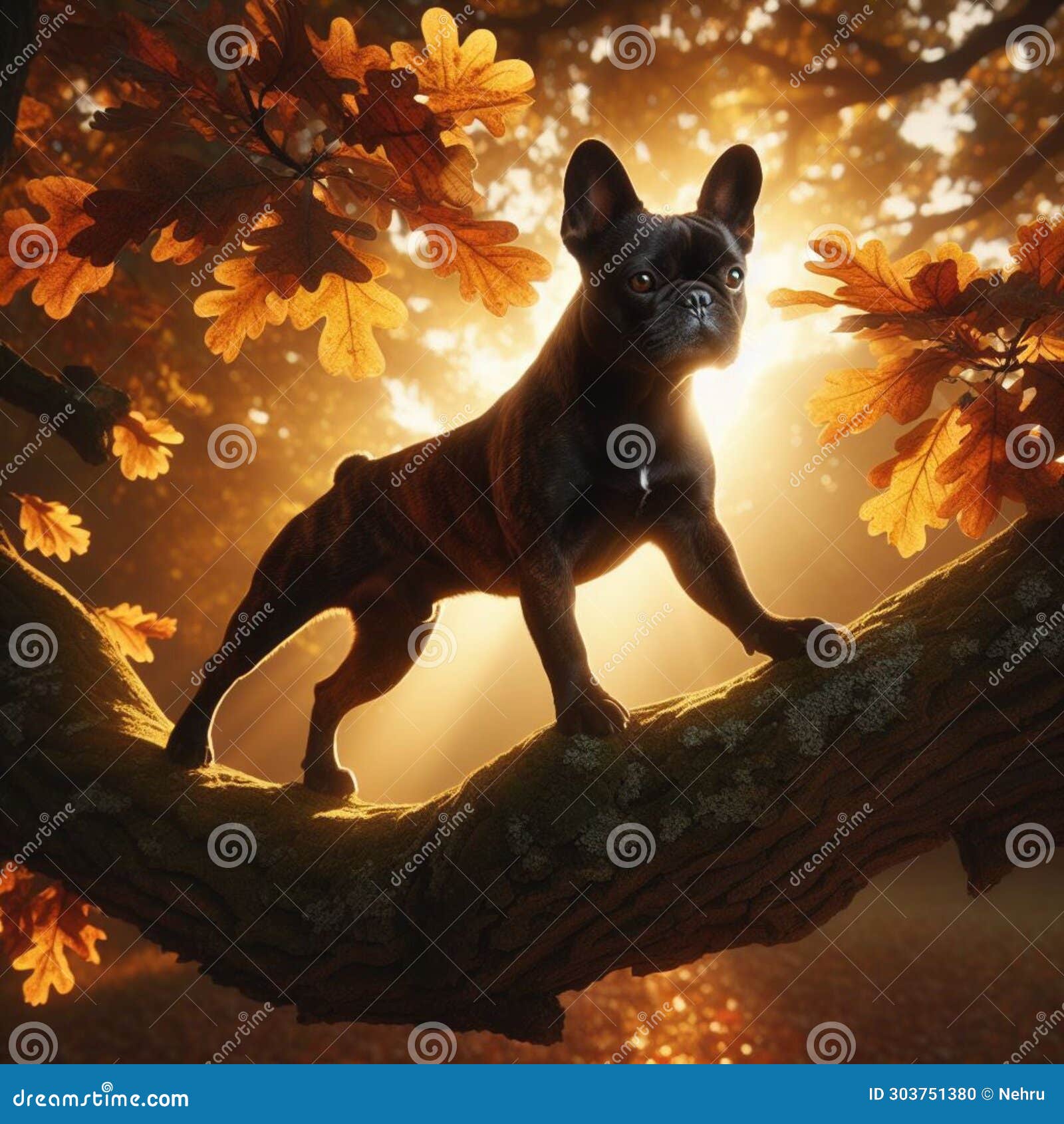 Cute Frenchie Dog on an Old Tree in Autumn Stock Illustration ...