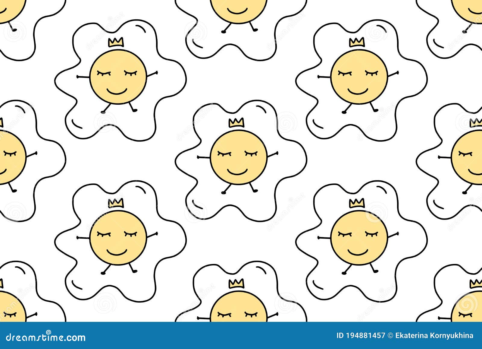 Cute Fried Egg Seamless Pattern In Doodle Style Hand Drawn Lines