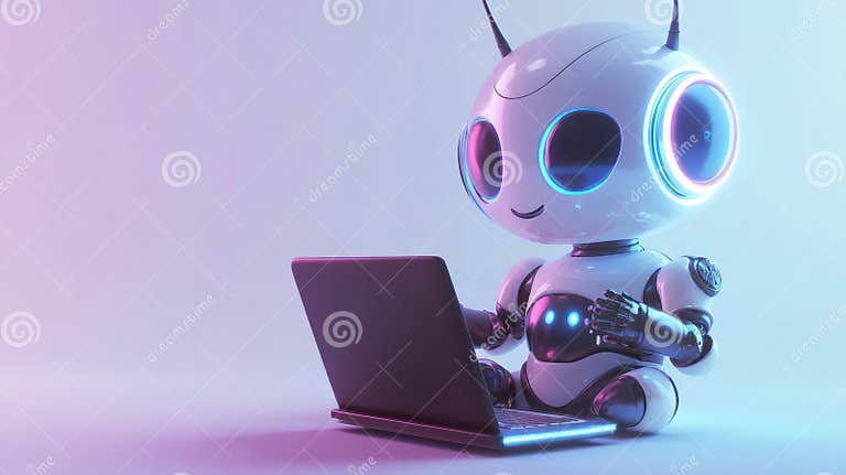 Cute Friendly Artificial Intelligence Robot Using Laptop Computer with ...
