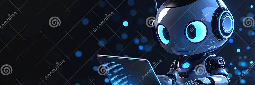 Cute Friendly Artificial Intelligence Robot Using Laptop Computer with ...