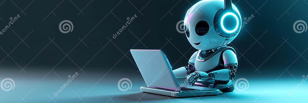 Cute Friendly Artificial Intelligence Robot Using Laptop Computer with ...