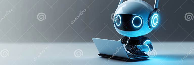 Cute Friendly Artificial Intelligence Robot Using Laptop Computer with ...