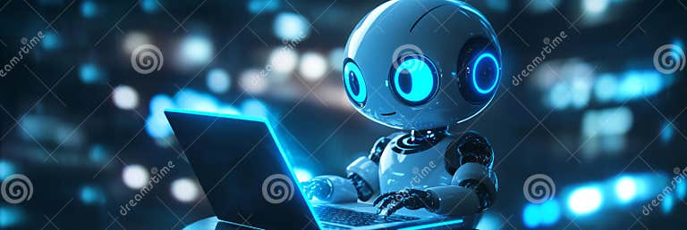 Cute Friendly Artificial Intelligence Robot Using Laptop Computer with ...