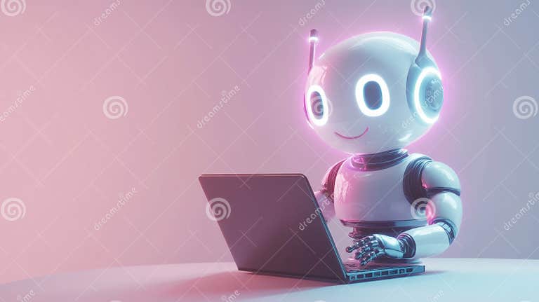 Cute Friendly Artificial Intelligence Robot Using Laptop Computer with ...